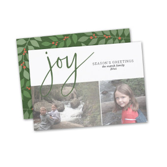 2 Photo Collage Joy Script Season's Greeting Olive Holiday Card | Zazzle
