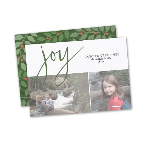 2 Photo Collage Joy Script Season's Greeting Olive Holiday Card | Zazzle