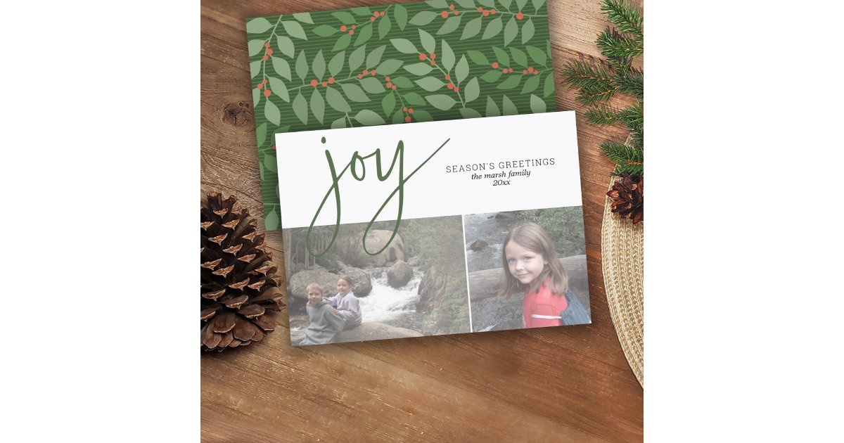 2 Photo Collage Joy Script Season's Greeting Olive Holiday Card | Zazzle