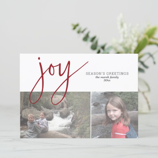 2 Photo Collage Joy Script Season's Greeting rose Holiday Card | Zazzle