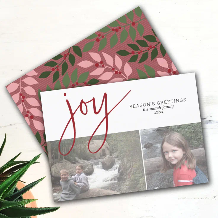 2 Photo Collage Joy Script Season's Greeting rose Holiday Card | Zazzle