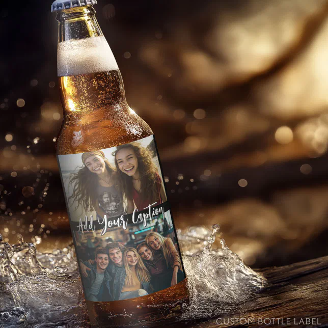 2 Photo Collage with Trendy Script Caption Beer Bottle Label | Zazzle