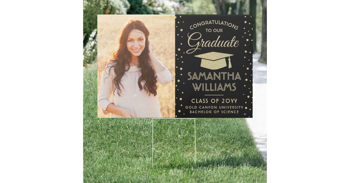 2 Photo Congrats Black and Gold Glitter Graduation Sign | Zazzle