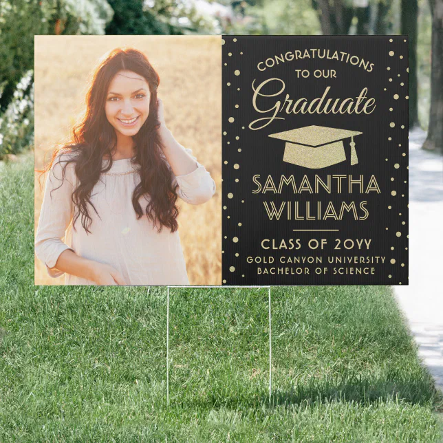 2 Photo Congrats Black and Gold Glitter Graduation Sign | Zazzle