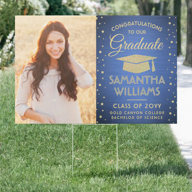 2 Photo Congrats Blue Gold Glitter Graduation Yard Sign | Zazzle