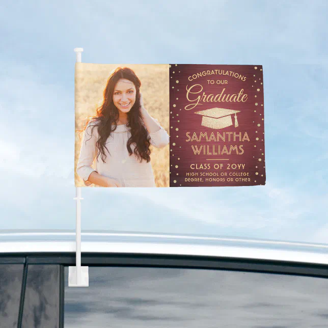 2 Photo Congrats Burgundy Gold Glitter Graduation Car Flag | Zazzle