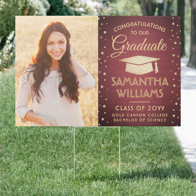 2 Photo Congrats Burgundy Gold Glitter Graduation Sign | Zazzle