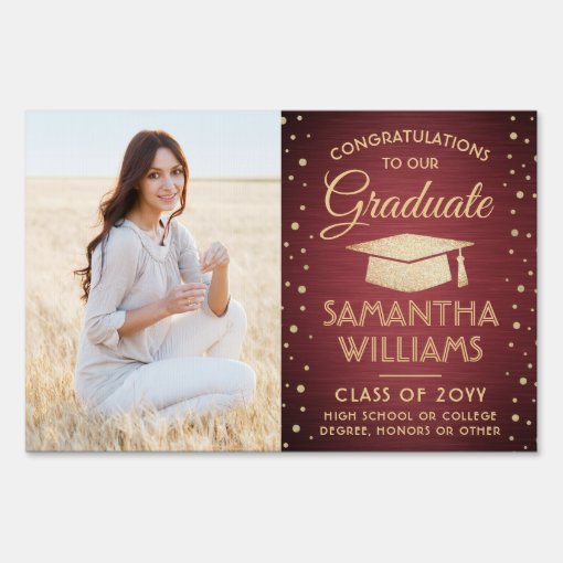 2 Photo Congrats Burgundy Gold Glitter Graduation Sign | Zazzle