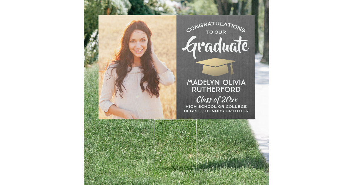 2 Photo Congrats Chalkboard Black Gold Graduation Sign | Zazzle