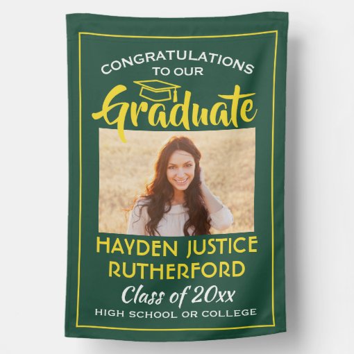 2 Photo Congrats Green Gold Yellow Graduation House Flag | Zazzle