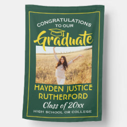 2 Photo Congrats Green Gold Yellow Graduation House Flag | Zazzle