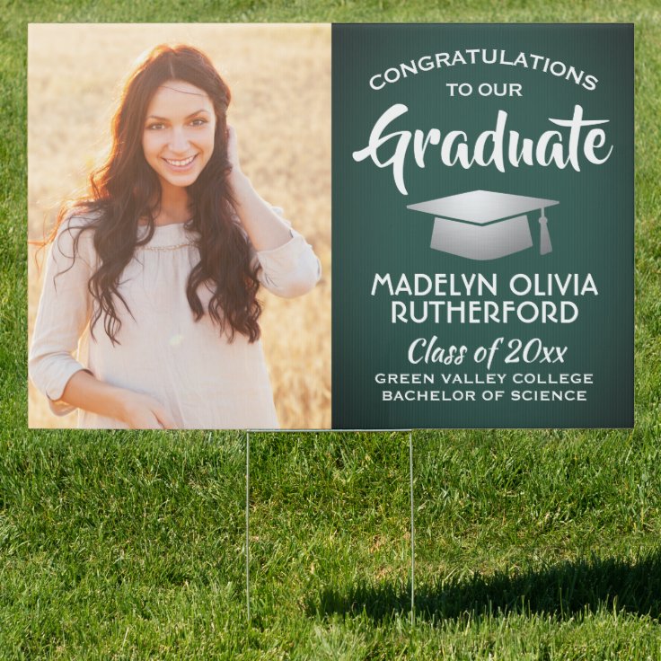 2 Photo Congrats Green White and Silver Graduation Sign | Zazzle