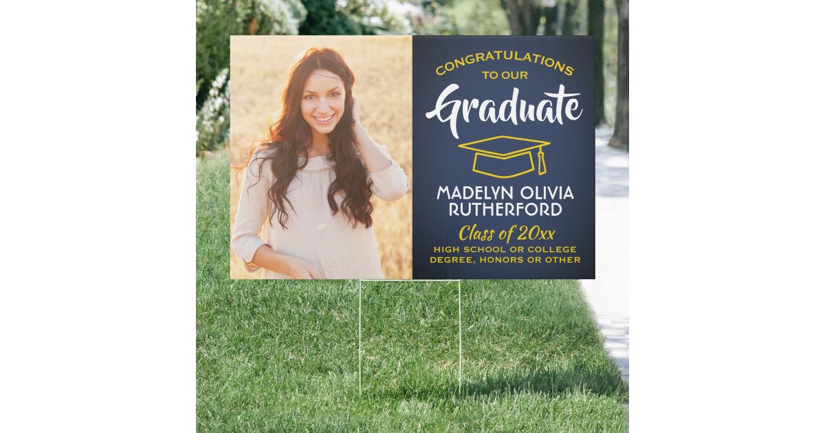 2 Photo Congrats Navy Blue Gold Yellow Graduation Sign | Zazzle