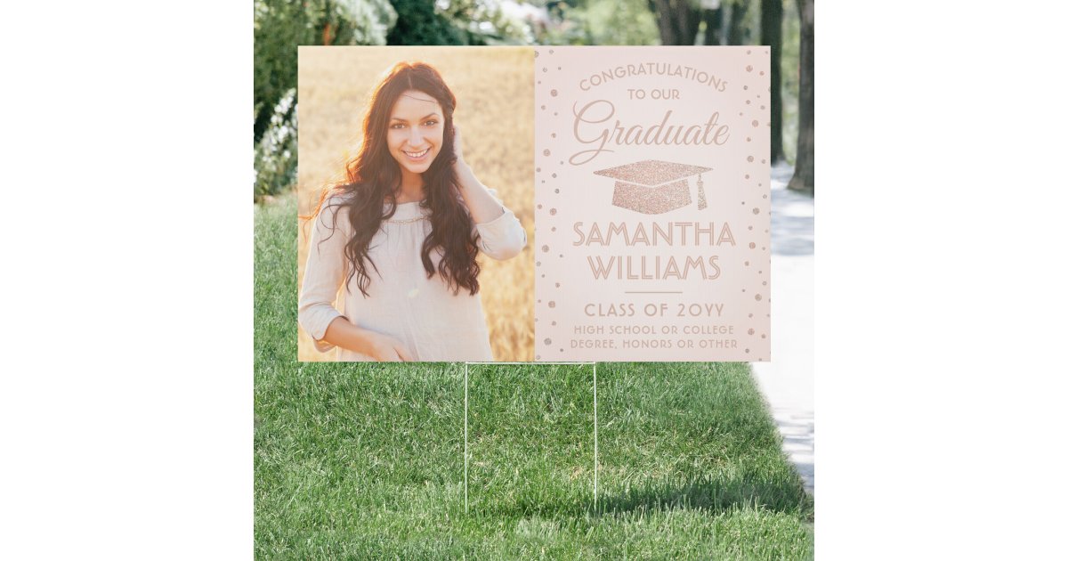 2 Photo Congrats Pink Rose Gold Glitter Graduation Sign | Zazzle