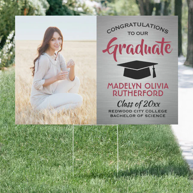 2 Photo Congrats Red Gray & Black Graduation Yard Sign | Zazzle