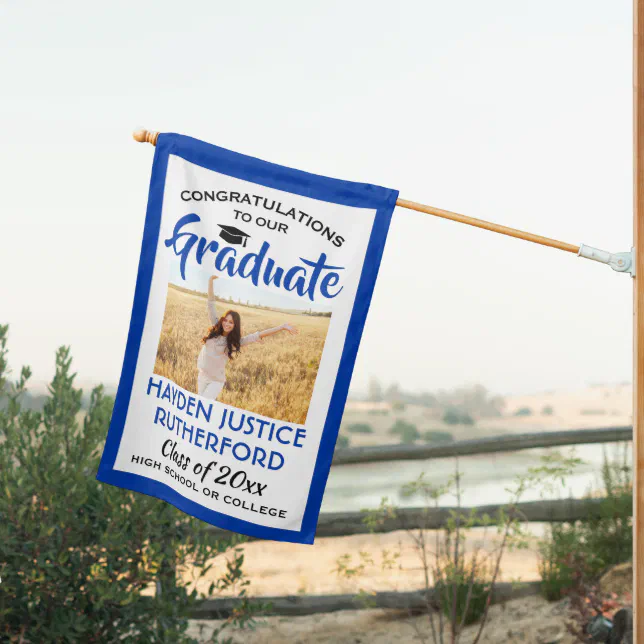 2 Photo Congrats Royal Blue and White Graduation House Flag | Zazzle