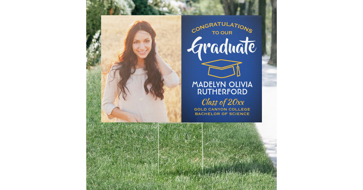 2 Photo Congrats Royal Blue Gold Yellow Graduation Sign | Zazzle