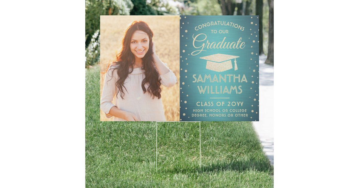 2 Photo Congrats Teal Blue Gold Glitter Graduation Sign | Zazzle