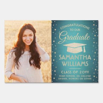 2 Photo Congrats Teal Blue Gold Glitter Graduation Sign | Zazzle