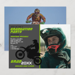 2 PHOTO Dirt Bike Motocross Green Grey Graduation Invitation | Zazzle
