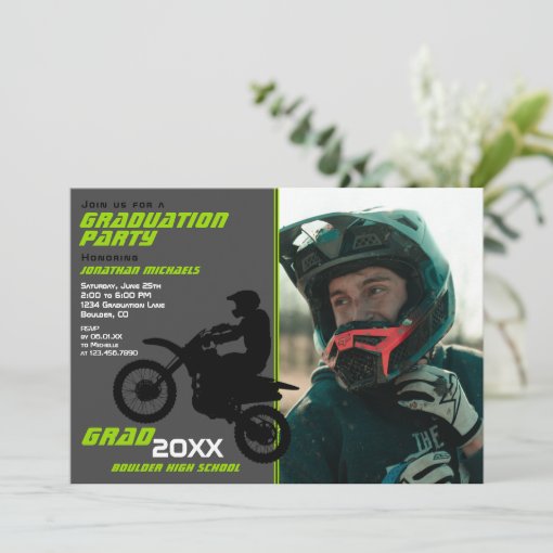 2 PHOTO Dirt Bike Motocross Green Grey Graduation Invitation | Zazzle