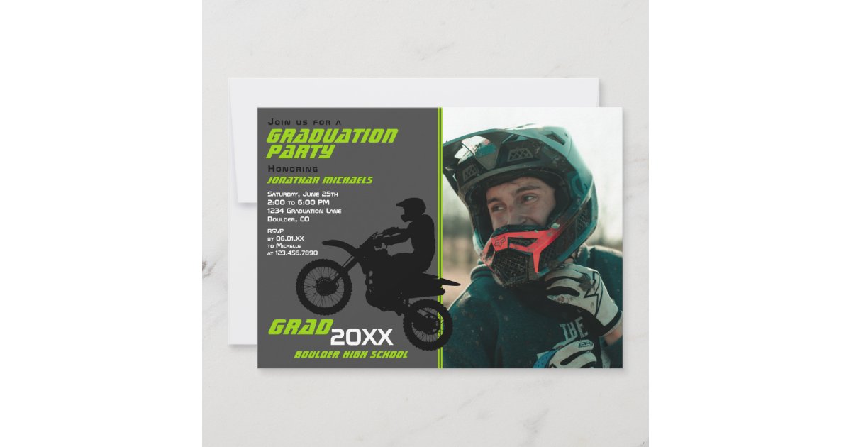 2 PHOTO Dirt Bike Motocross Green Grey Graduation Invitation | Zazzle