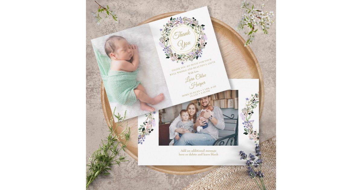 2 Photo Floral Baby Gold Thank You Birth Announcement | Zazzle