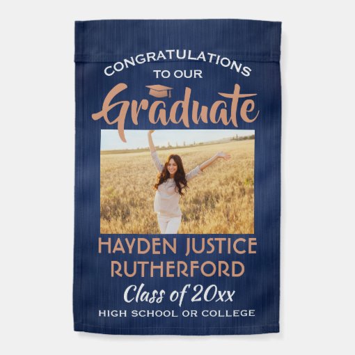 2 Photo Graduation Brushed Navy Blue White Copper Garden Flag | Zazzle