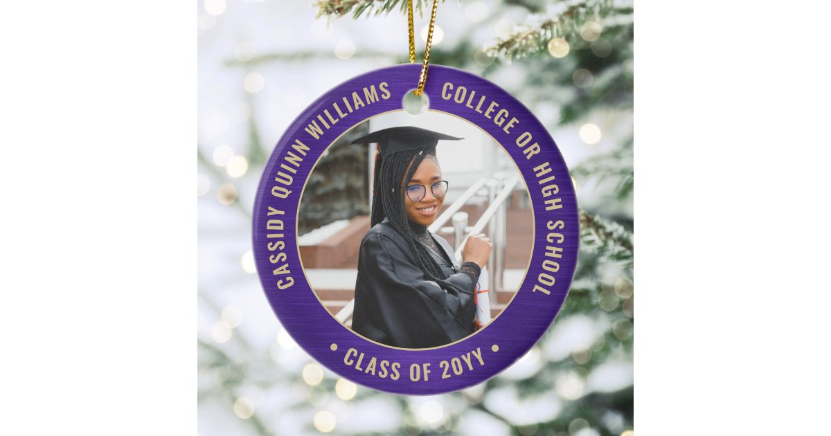 2 Photo Graduation Elegant Brushed Purple and Gold Ceramic Ornament ...