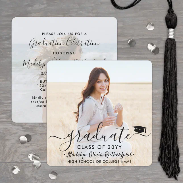 2 Photo Graduation Modern Simple Script Square Invitation | Zazzle