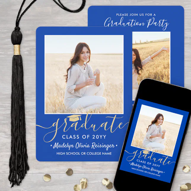 2 Photo Graduation Party Royal Blue & Gold Script Invitation | Zazzle