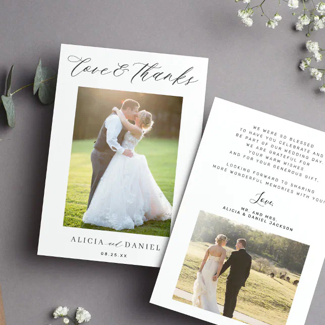 2 photo love and thanks script wedding thank you card | Zazzle