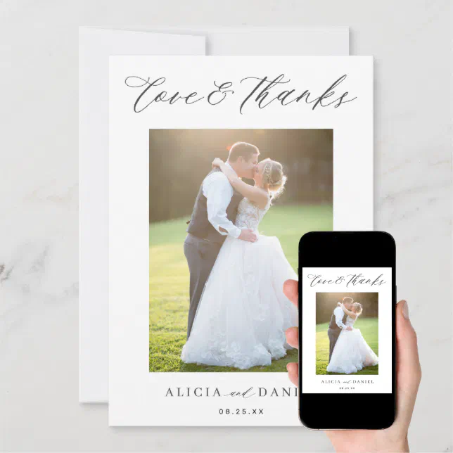 2 photo love and thanks script wedding thank you card | Zazzle