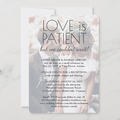 2 Photo Love is Patient Wedding Reception Only Invitation | Zazzle