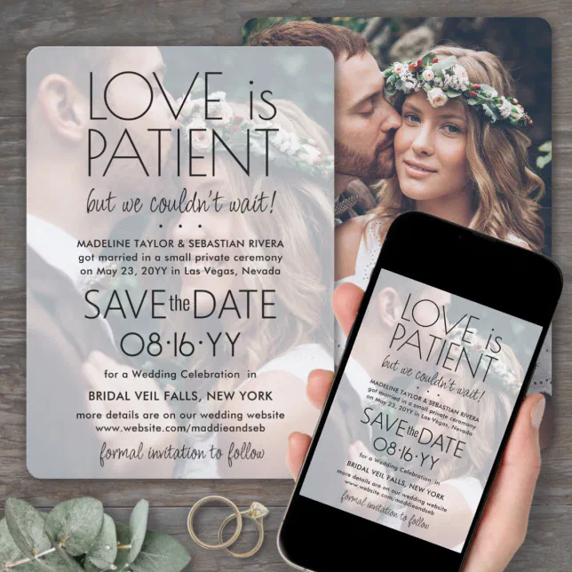 2 Photo Love is Patient Wedding Reception Only Save The Date | Zazzle