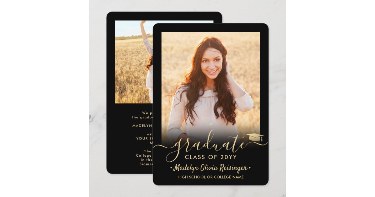 2 Photo Modern Simple Script Black Gold Graduation Announcement | Zazzle
