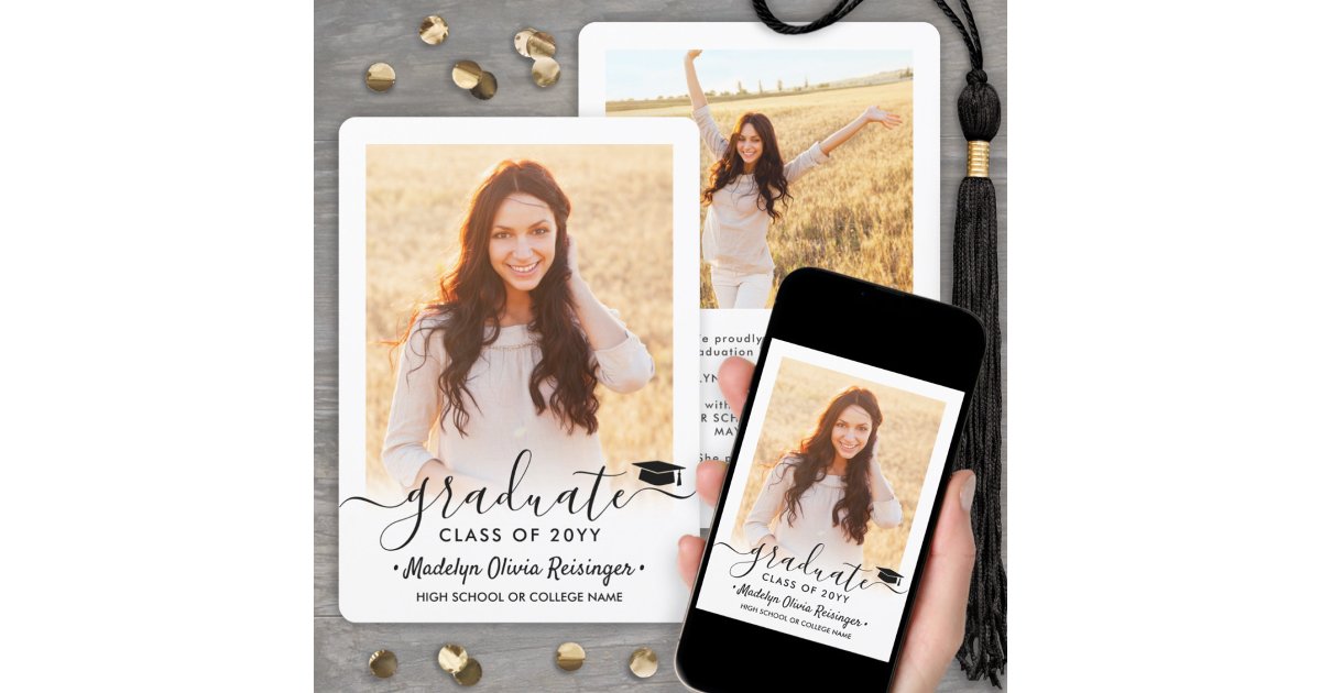 2 Photo Modern Simple Script Elegant Graduation Announcement | Zazzle