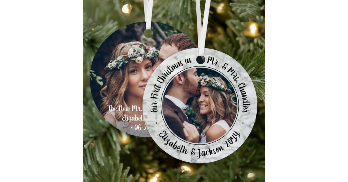 2 Photo Mr & Mrs 1st Christmas Elegant Faux Marble Metal Ornament | Zazzle