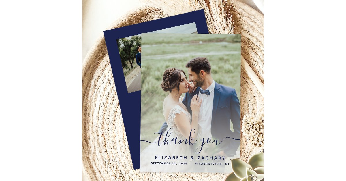 2-Photo Navy Blue Script Wedding Thank You Card | Zazzle