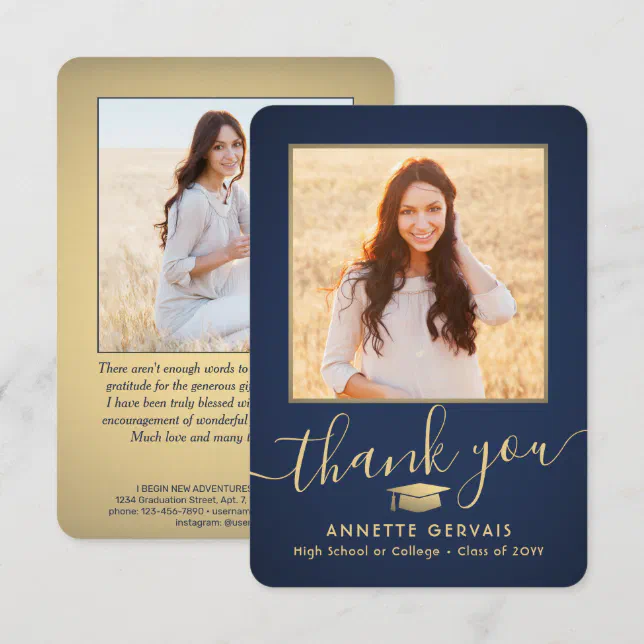 2 Photo New Address Navy Blue and Gold Graduation Thank You Card | Zazzle