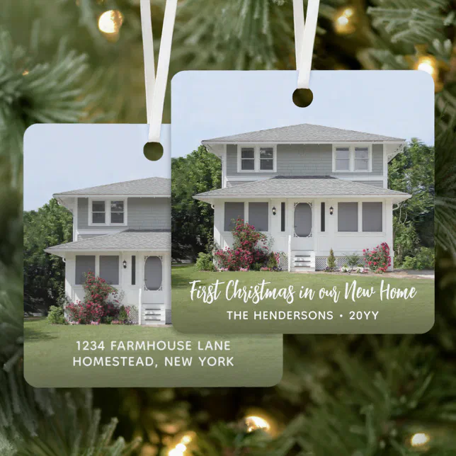 2 Photo New Home Address First Xmas White Script Metal Ornament | Zazzle