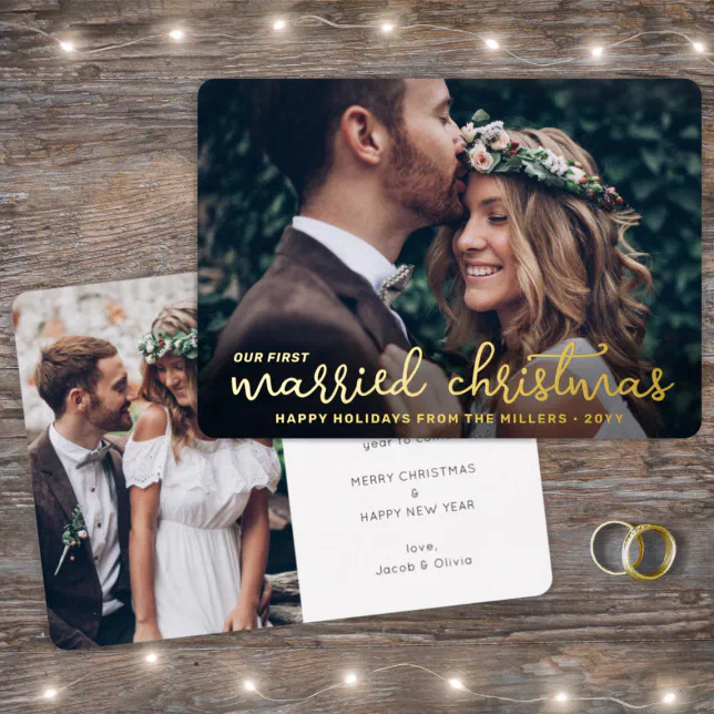 2 Photo Newlyweds 1st Married Christmas Script Foil Holiday Card | Zazzle