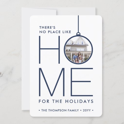 2 Photo No Place Like Home Simple Modern Navy Blue Holiday Card | Zazzle