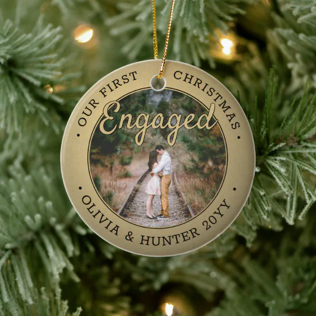 2 Photo Our First Christmas Engaged Black and Gold Ceramic Ornament ...
