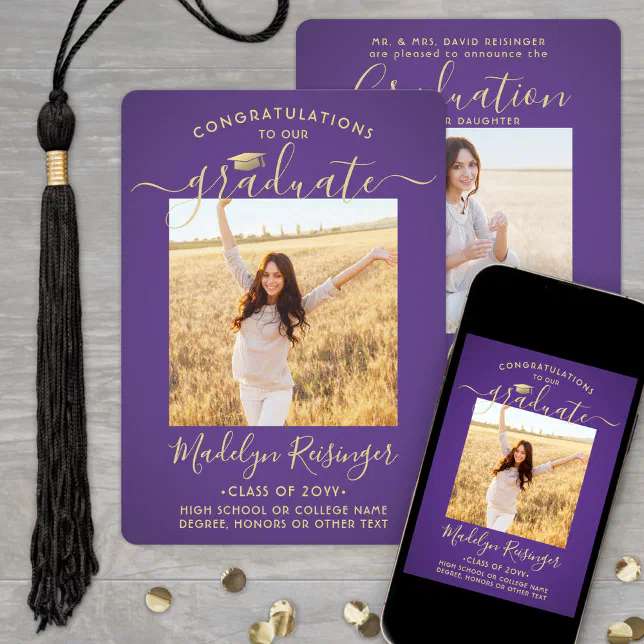 2 Photo Parents Congrats Purple & Gold Graduation Announcement | Zazzle