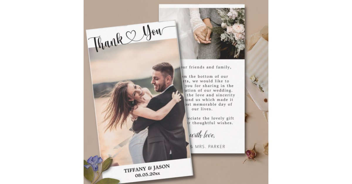 2 Photo Simple Elegant Wedding Hand Lettered Heart Note Card | Zazzle