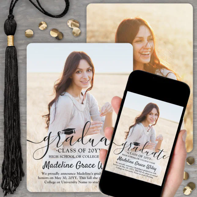 2 Photo Simple Overlay Black Script Graduation Announcement | Zazzle