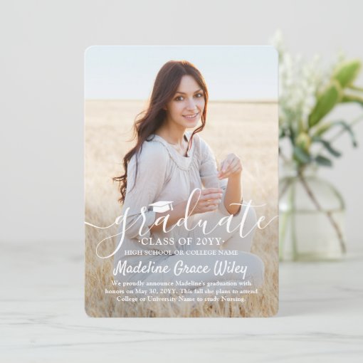 2 Photo Simple Overlay White Script Graduation Announcement | Zazzle
