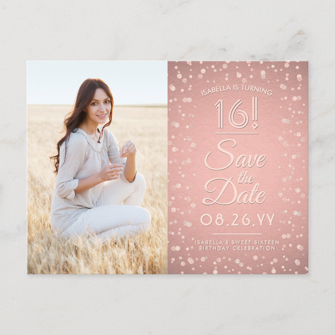 2 Photo Sweet 16 Save the Date Rose Gold Glitter Invitation Postcard ...