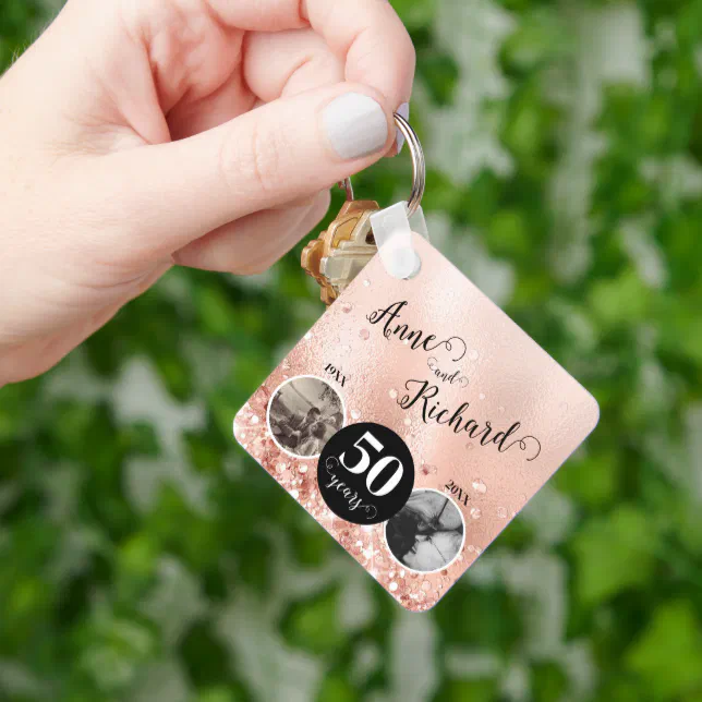 2 Photo Then and Now ANY YEAR Wedding Anniversary Keychain | Zazzle